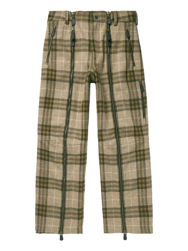 Burberry Straight-leg Zip-detailed Checked Wool Trousers - Green