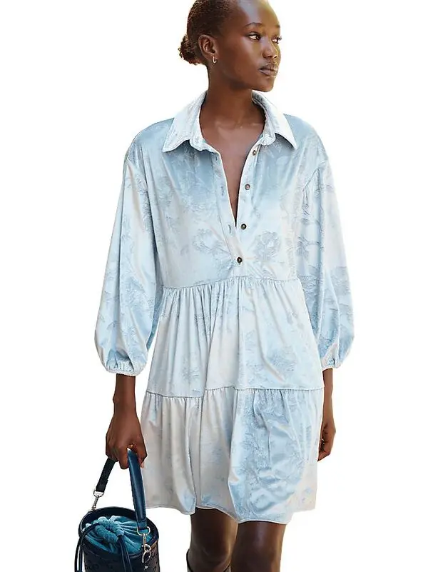 Maeve Mini Velvet Tiered Shirt Dress - Light Blue