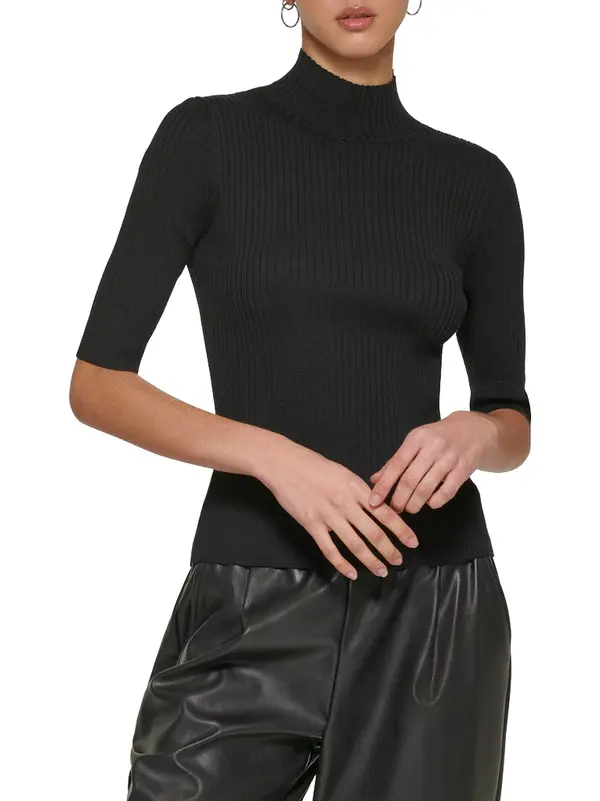 Dkny Mock Neck Ribbed Sweater - Black/black