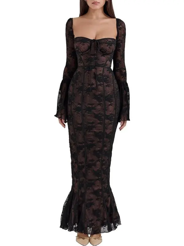 House Of Cb Delilah Long Sleeve Lace Mermaid Dress - Black