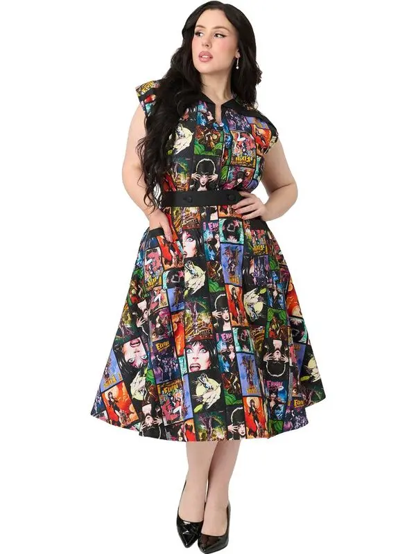 Unique Vintage 1950s Hedda A-line Swing Dress - Black Comic Print
