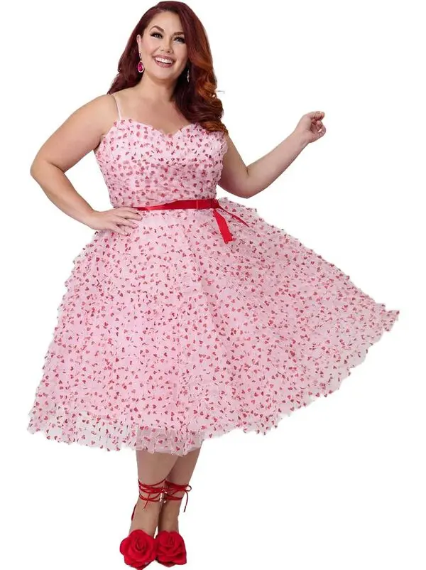 Unique Vintage Tulle Swing Dress - Pink W/red Hearts