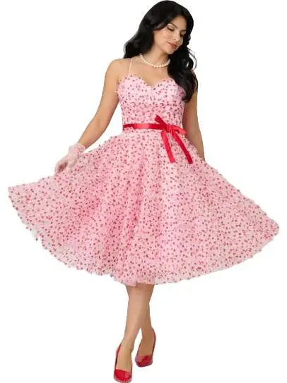 Unique Vintage Tulle Sweetheart Swing Dress - Pink W/red Hearts