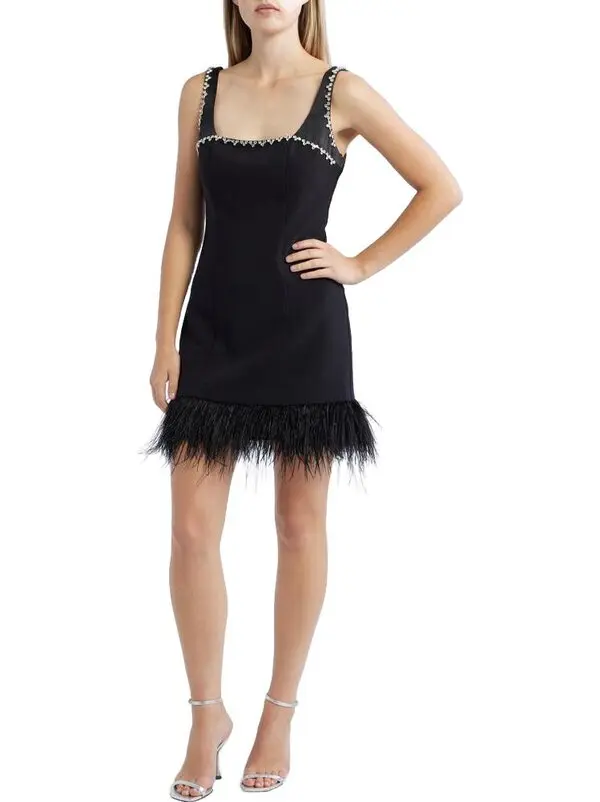 Likely Georgie Crystal & Feather Trim Minidress - Black