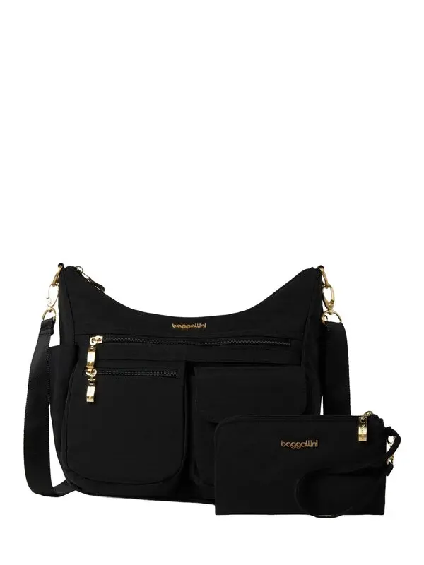 BAGGALLINI Hobo Crossbody Bag With Wristlet - Black With Gold Hardware