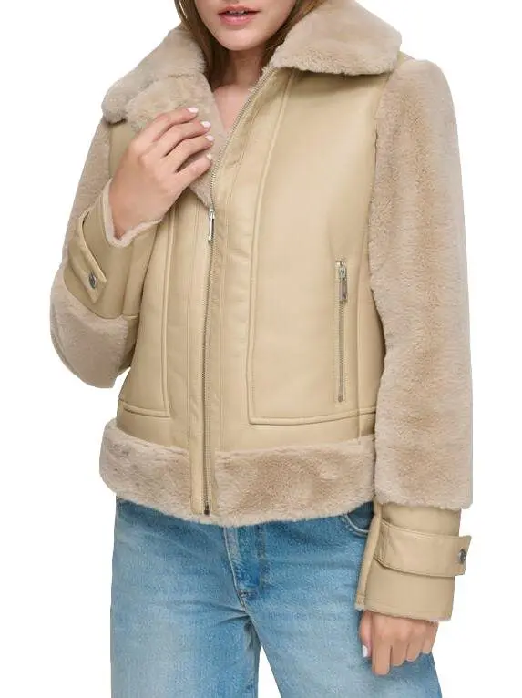 Andrew Marc Faux Fur Trim Faux Leather Aviator Jacket - Oat