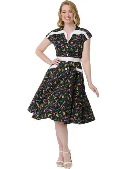Unique Vintage 1950s Hedda Swing Dress - Black Dinosaur