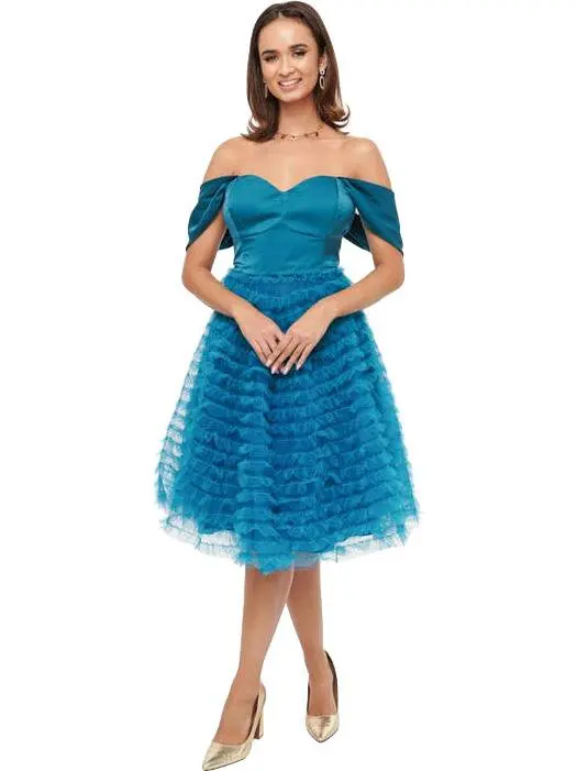 Unique Vintage Tulle Off-the-shoulder Swing Dress - Teal