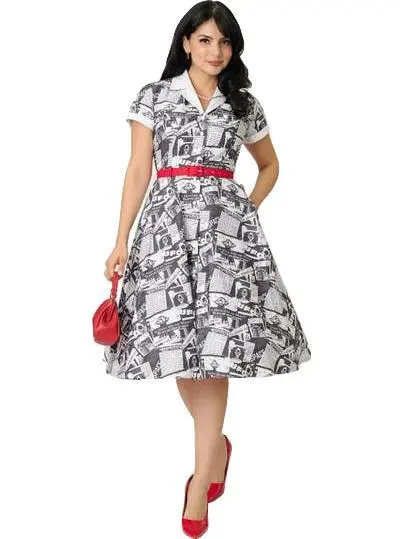 Unique Vintage Collared Alexis Swing Dress - Black & White Newspaper Print