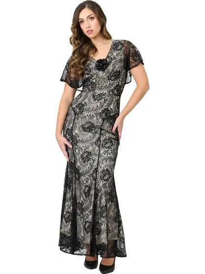 Unique Vintage 1930s Lace Gown With Flutter Sleeves - Black/nude