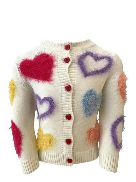 LOLA + THE BOYS Fuzzy Hearts Cardigan - White