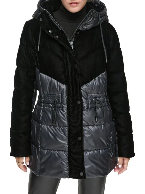 Andrew Marc Velvet Panel Hooded Puffer Jacket - Black