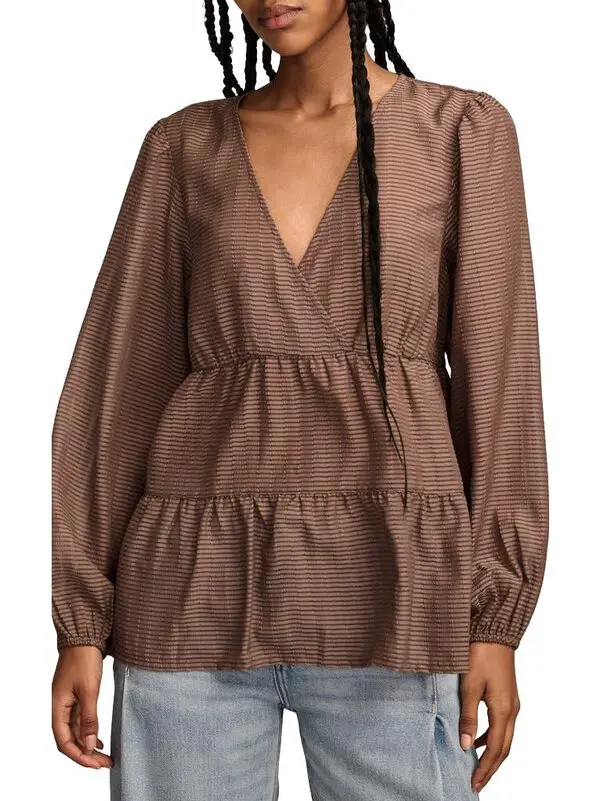 Lucky Brand Stripe Surplice Neck Tiered Top - Deep Taupe