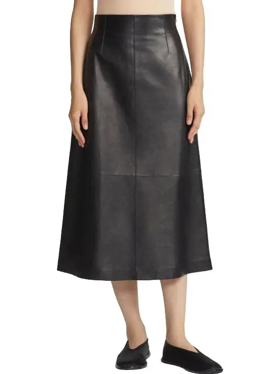 Lafayette 148 New York High Waist A-line Leather Midi Skirt - Black