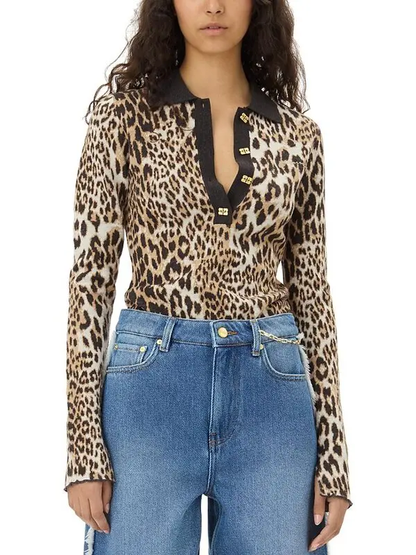 GANNI Print Merino Wool Polo Shirt - Leopard