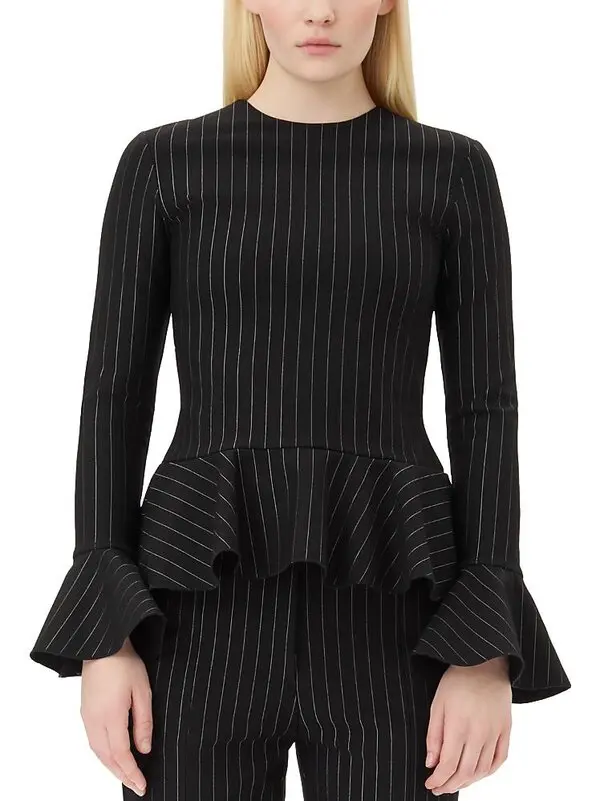 GANNI Striped Peplum Blouse With Flared Cuffs - Black
