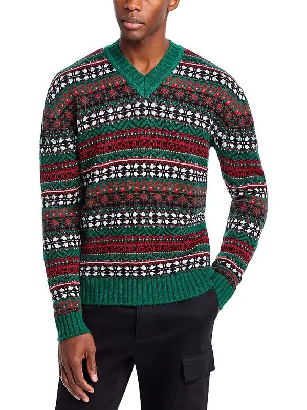 Hugo Sissoh Wool-blend Fair Isle V-neck Sweater - Dark Green