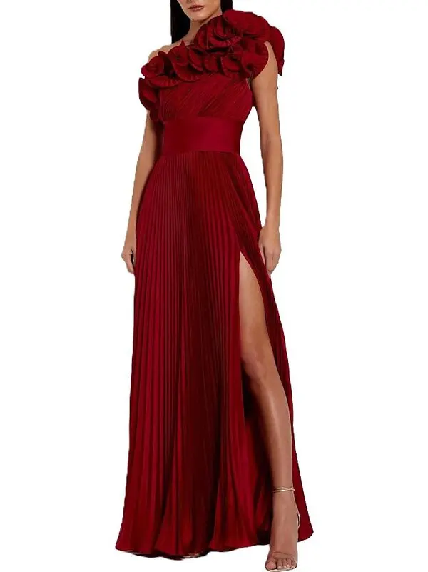 Mac Duggal Pleated Charmeuse One Shoulder Ruffle Gown - Red