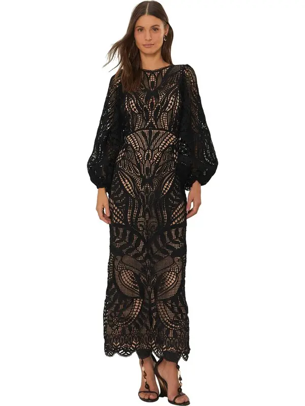 Farm Rio Guipure Lace Midi Dress - Black