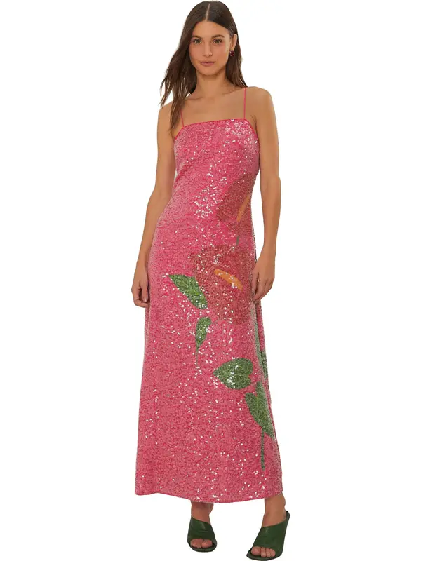 Farm Rio Anthurium Floral Sequined Maxi Slip Dress - Anthurium Flowers Pink