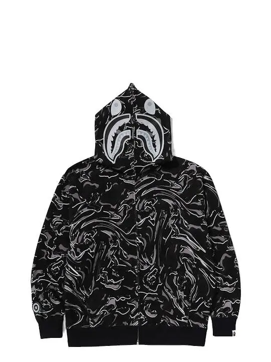 BAPE Marbling Camo Shark Relaxed Fit Full Zip Hoodie - Black