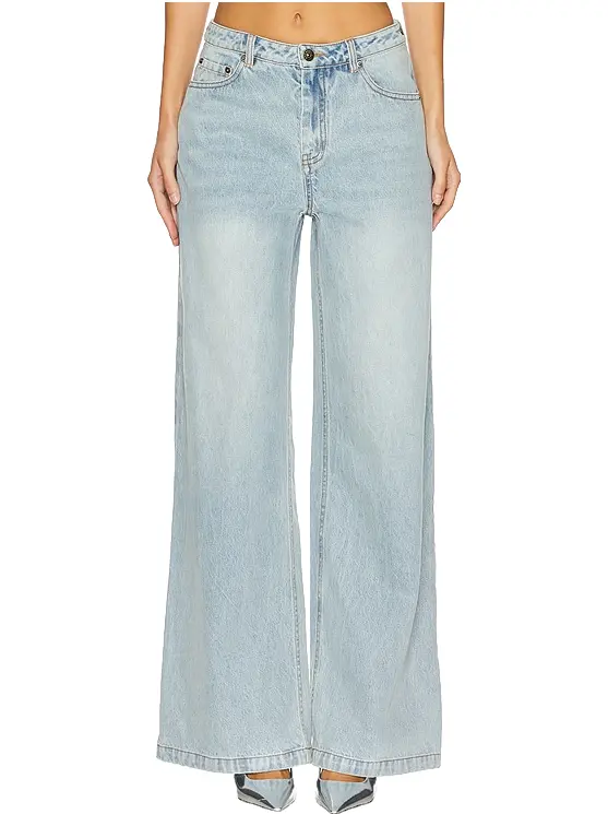 MARRKNULL Hollow Out Wide Leg Jeans - Light Blue