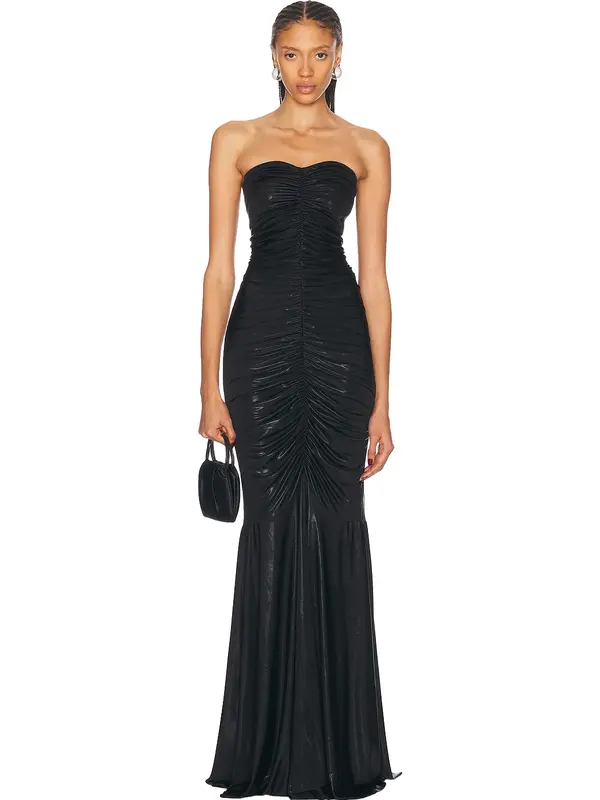 Norma Kamali Strapless Shirred Front Fishtail Gown - Black