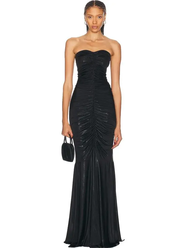 Norma Kamali Strapless Shirred Front Fishtail Gown - Black
