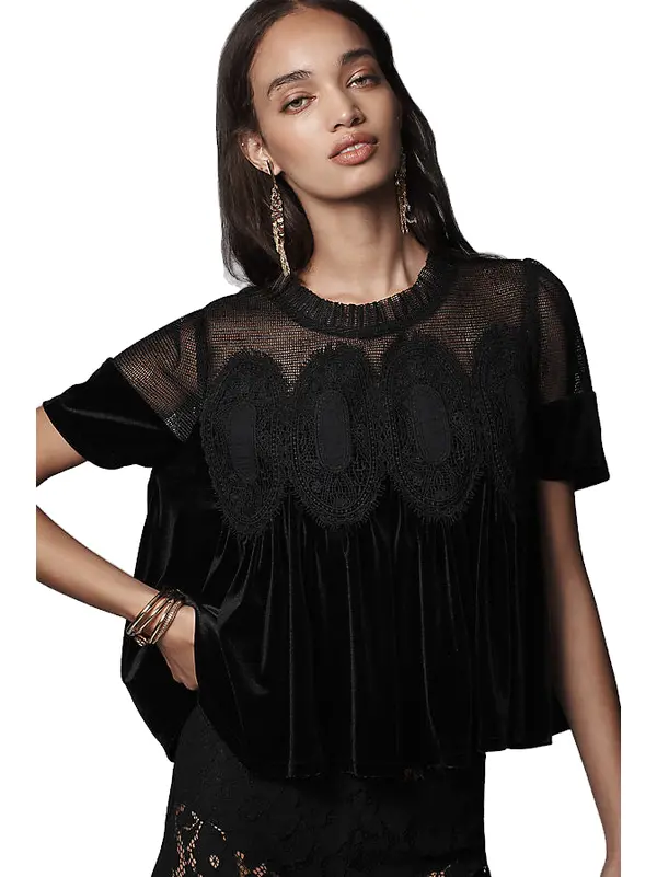 EN ELLY Velvet Scallop Top - Black