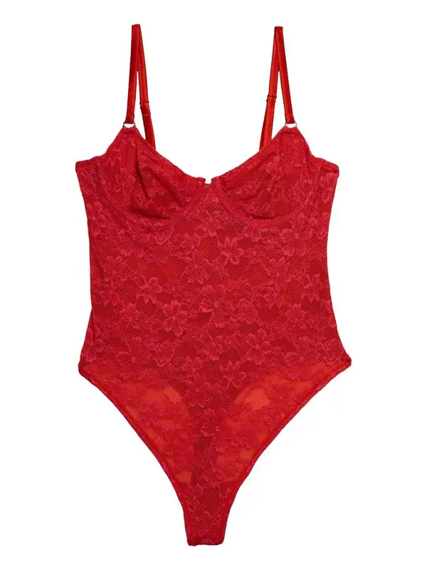 FLEUR DU MAL Stretch-silk Lace Overlay Bodysuit - Red