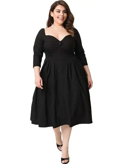 Unique Vintage Woven Sweetheart Neckline Swing Dress - Black