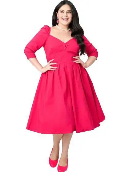 Unique Vintage Lamar Swing Dress With Sweetheart Neckline - Hot Pink