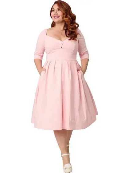 Unique Vintage Lamar Swing Dress With Sweetheart Neckline - Pink Polka Dot Print