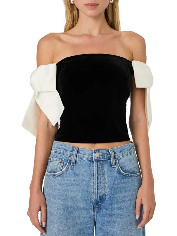 French Connection Carey Off The Shoulder Velvet Crop Top - Black-porcelain Cream