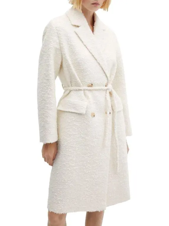 Mango Tie Belt Bouclé Coat - Ecru