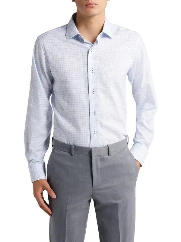 Lorenzo Uomo Trim Fit Textured Windowpane Check Cotton Dress Shirt - Light Blue