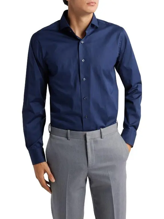 Lorenzo Uomo Trim Fit Solid Stretch Cotton Dress Shirt - Navy