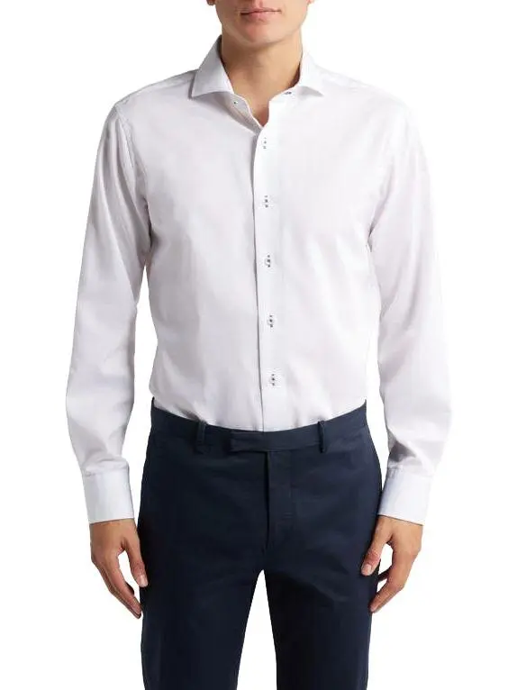 Lorenzo Uomo Trim Fit Check Diamond Textured Cotton Dress Shirt - White