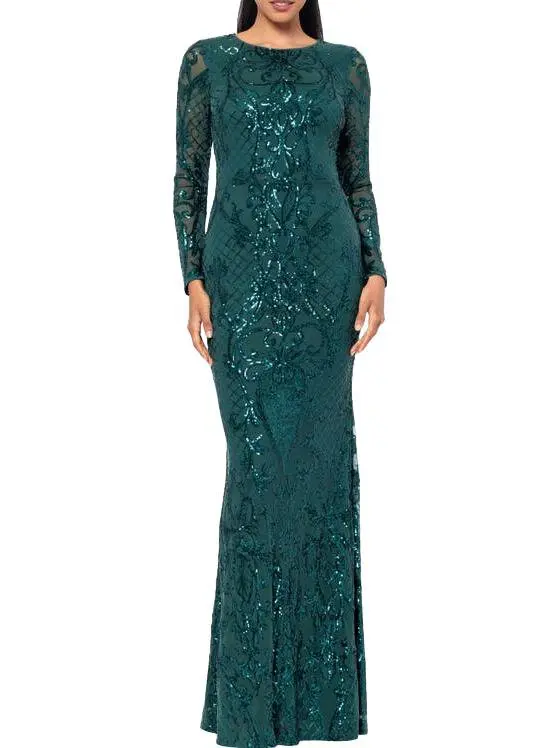 Betsy & Adam Sequin Long Sleeve Mermaid Gown - Emerald