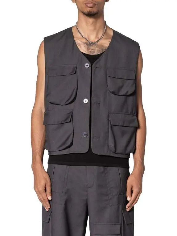Mnml Bonded Cotton Gabardine Cargo Vest - Grey