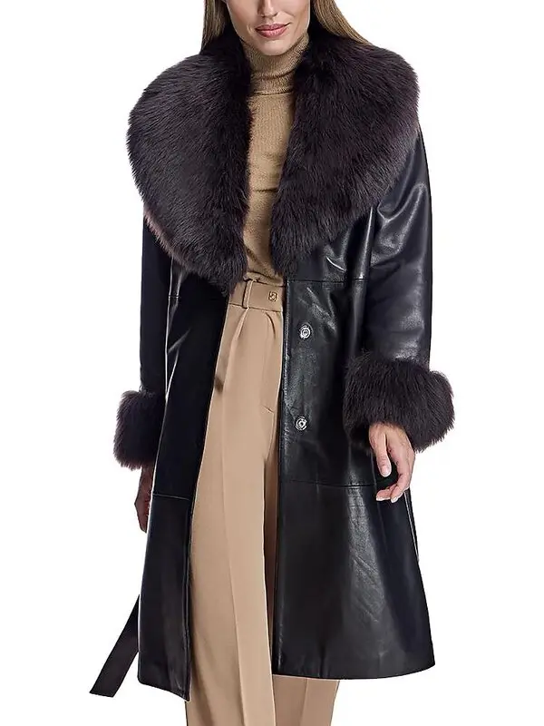 MAXIMILIAN Leather Coat With Shearling Trim - Black/brown