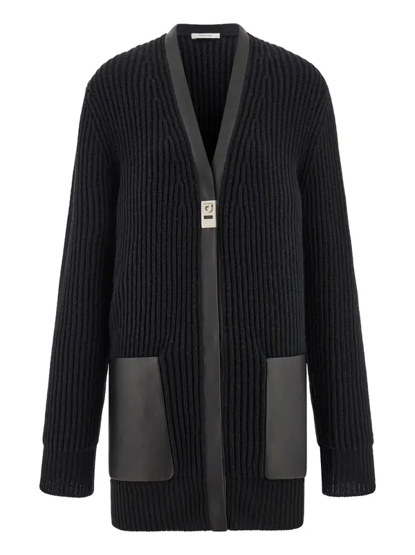 FERRAGAMO Longline Cardigan With Leather Trim - Black