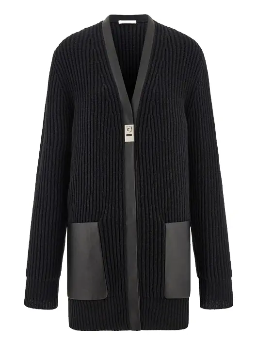 FERRAGAMO Longline Virgin Wool Cardigan With Leather Trim - Black