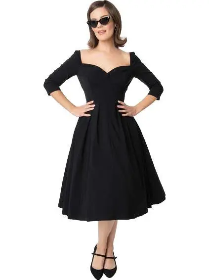 Unique Vintage Woven Sweetheart Neckline Lamar Swing Dress - Black