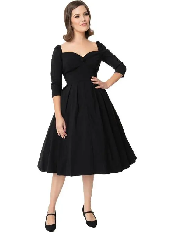 Unique Vintage Woven Sweetheart Neckline Lamar Swing Dress - Black