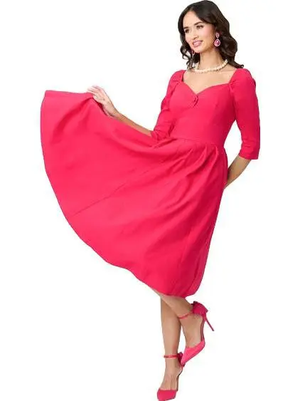 Unique Vintage Woven Sweetheart Neckline Lamar Swing Dress - Hot Pink