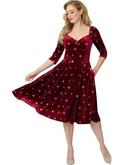 Unique Vintage Woven Sweetheart Neckline Lamar Swing Dress - Red Glitter Heart