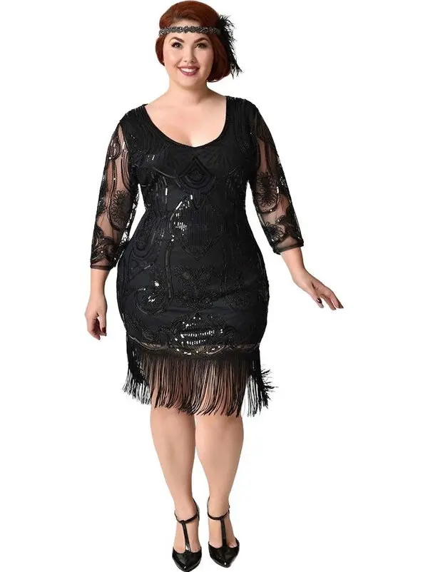 Unique Vintage 1920s Margaux Flapper Dress - Black