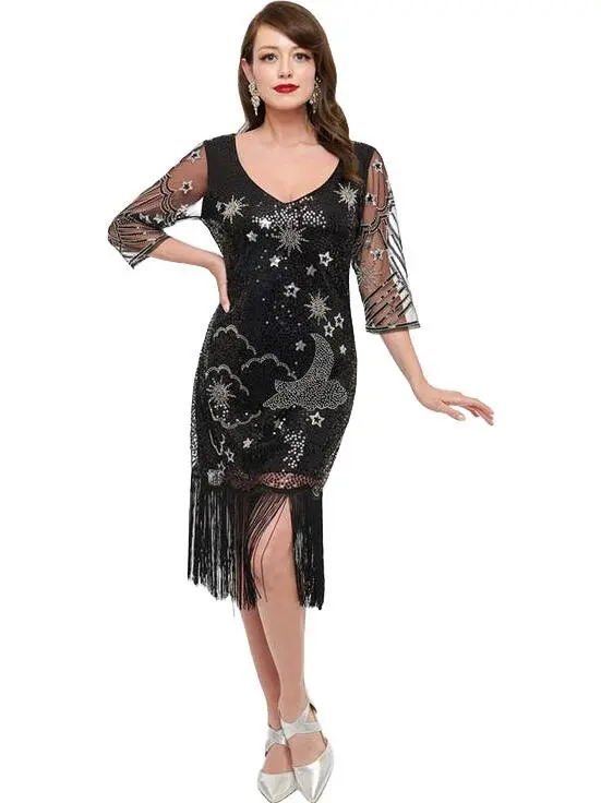 Unique Vintage 1920s Margaux Flapper Dress - Black & Silver