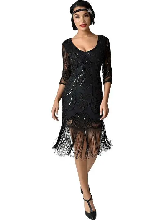 Unique Vintage 1920s Margaux Flapper Dress - Black